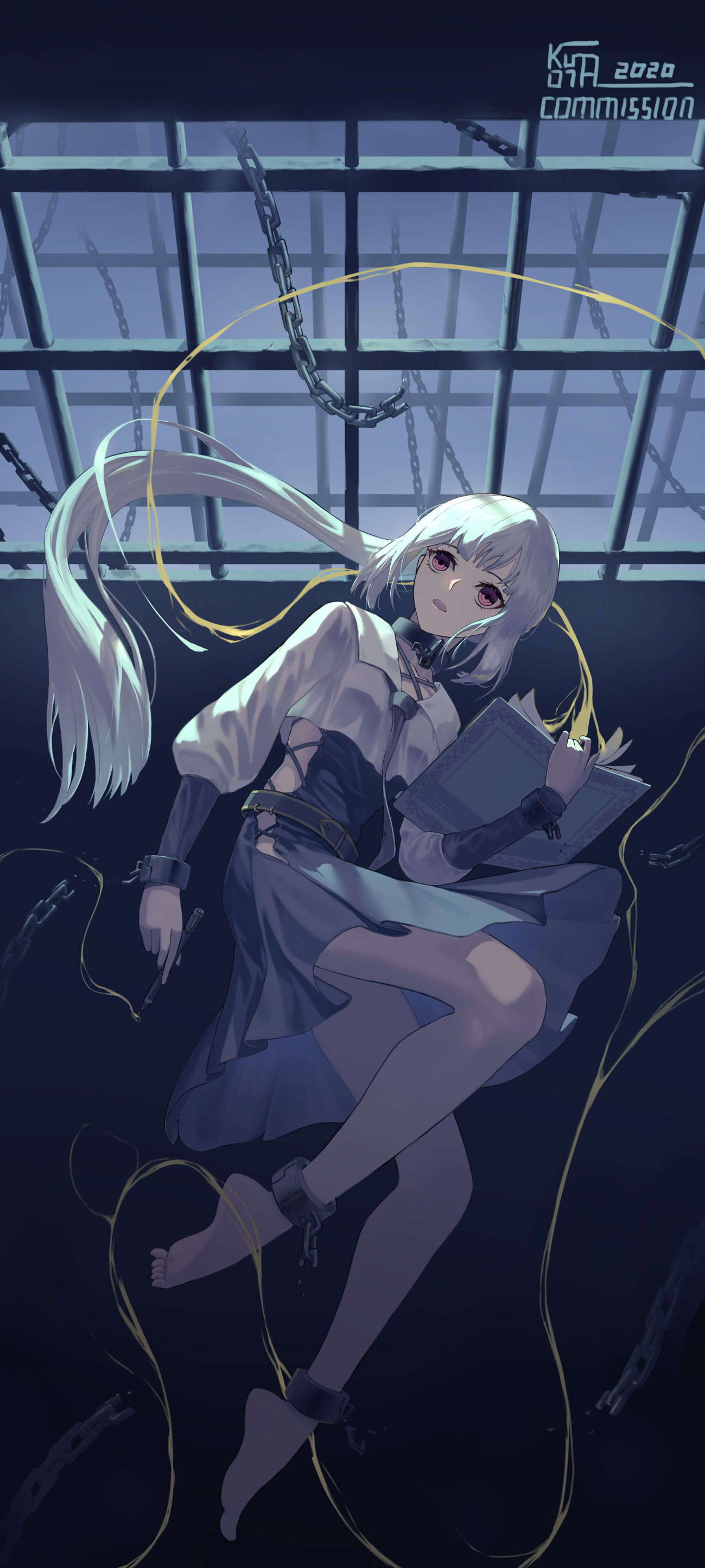 Safebooru - 1girl absurdres barefoot belt black dress book broken broken chain chain collarbone ...