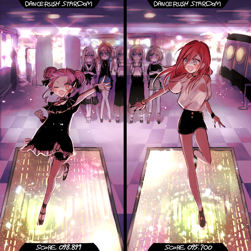 Safebooru - 6+girls :d ahoge alternate hairstyle aoba moca arcade arm up bang dream! bangs black ...