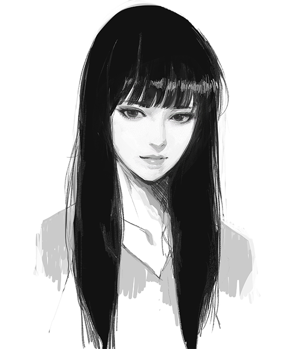 Safebooru - 1girl bangs blunt bangs closed mouth greyscale light smile ...