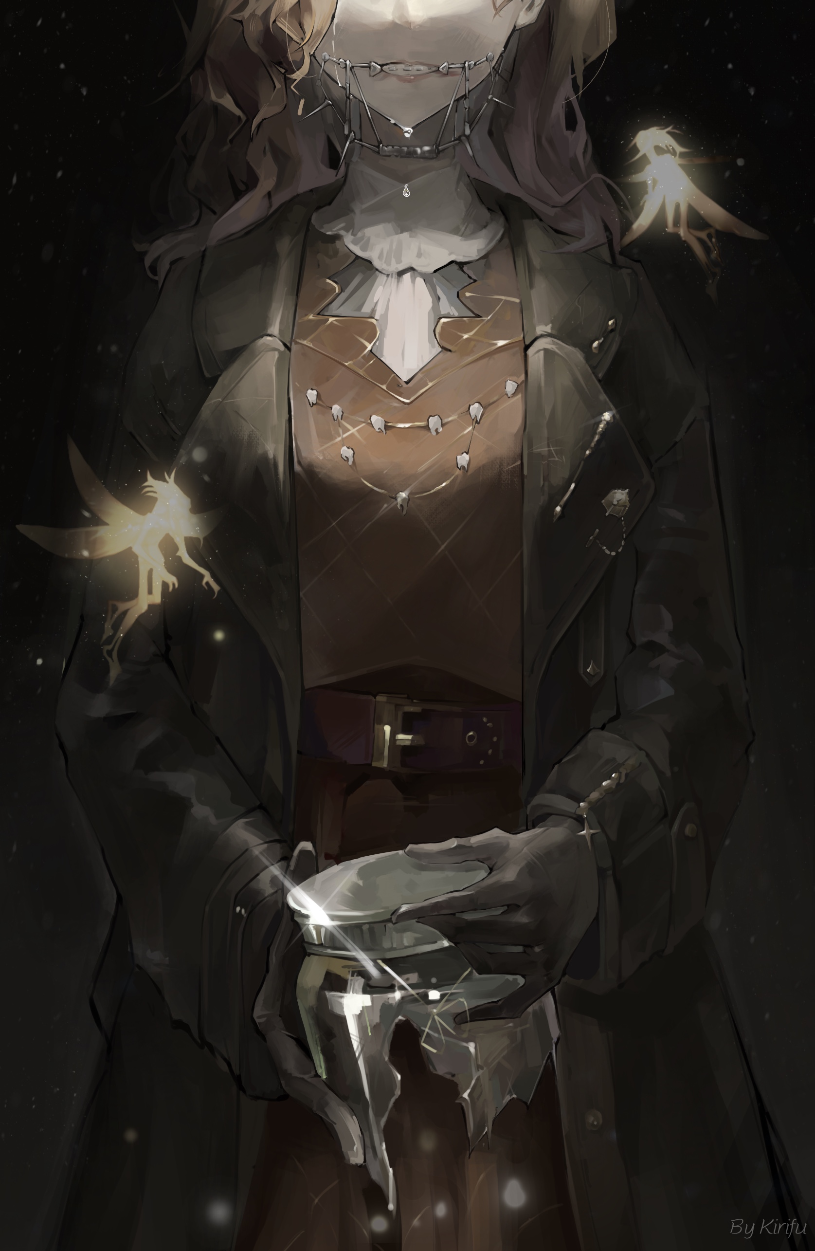 Safebooru - 1girl absurdres artist name belt black background black gloves braces broken glass ...