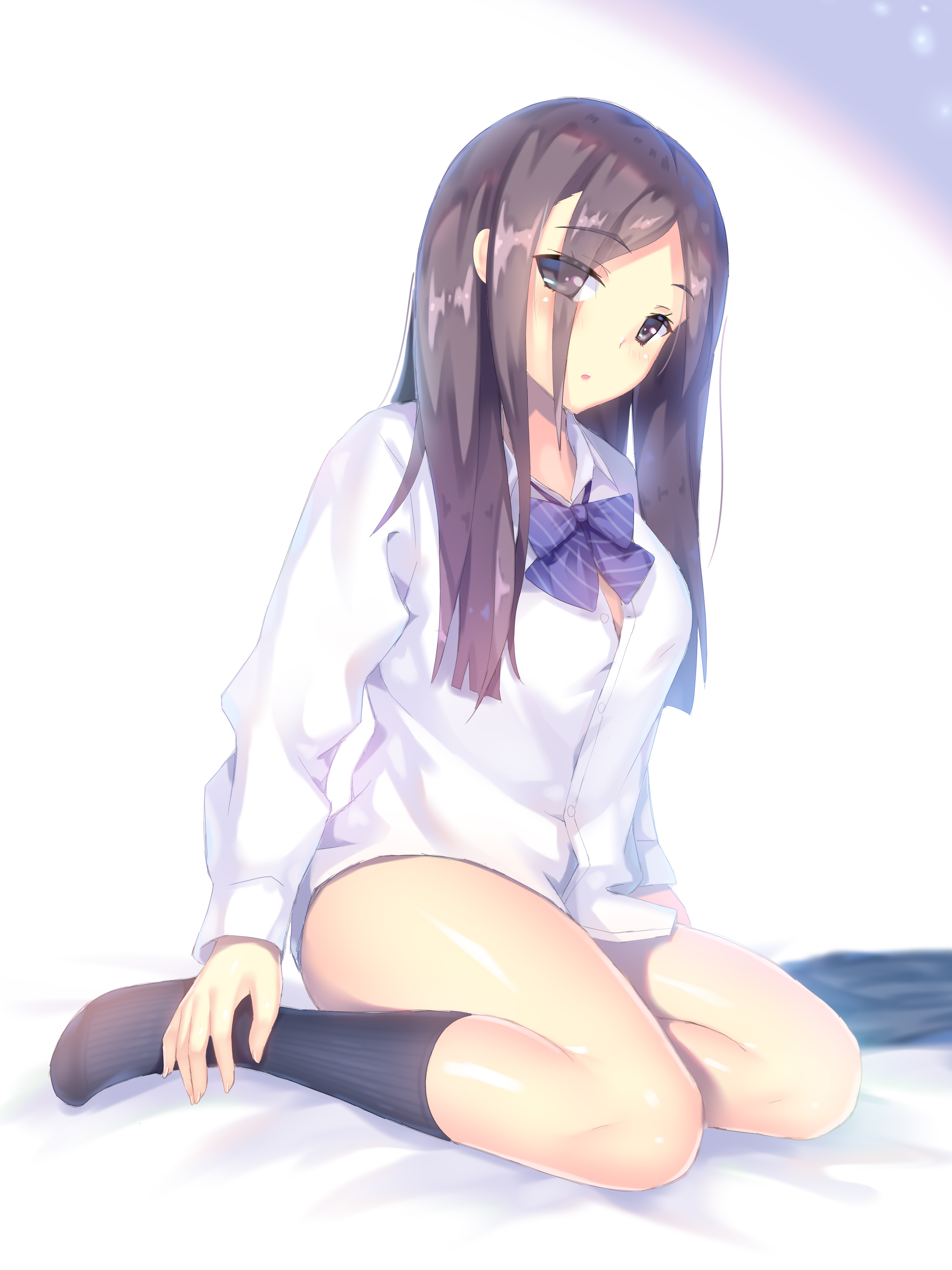Safebooru - 1girl :o a.x. absurdres bangs bed sheet black legwear blue bow bow brown eyes brown ...