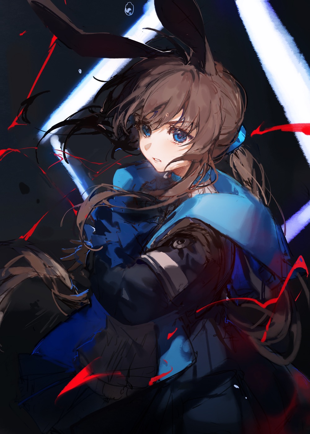 Safebooru - 1girl amiya (arknights) animal ears arknights bangs black background black jacket ...