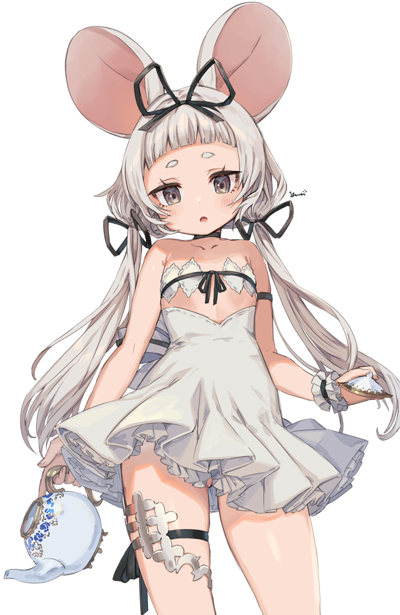 Safebooru - 1girl animal ears bangs bare shoulders blunt bangs blush dress flat chest grey eyes ...