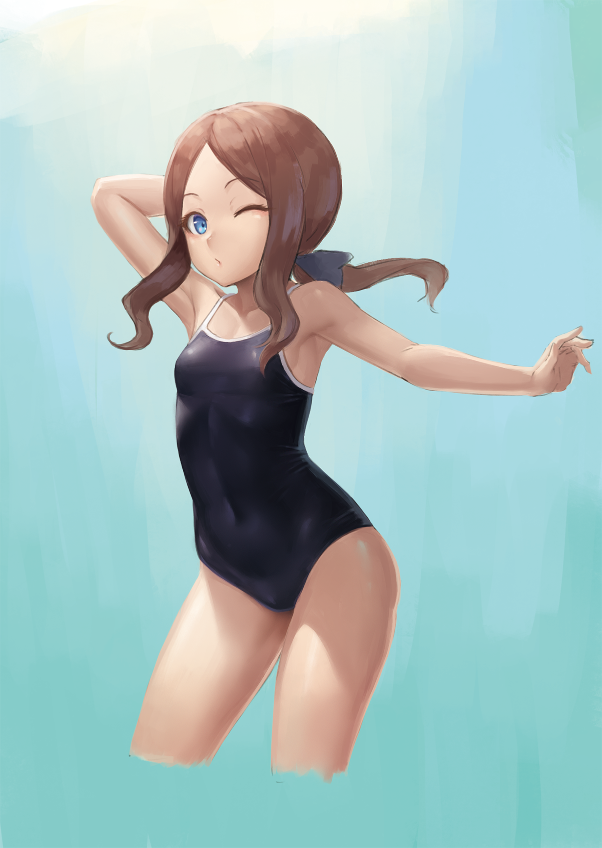 Safebooru - 1girl arm behind head arm up armpits bangs bare shoulders black bow black swimsuit ...