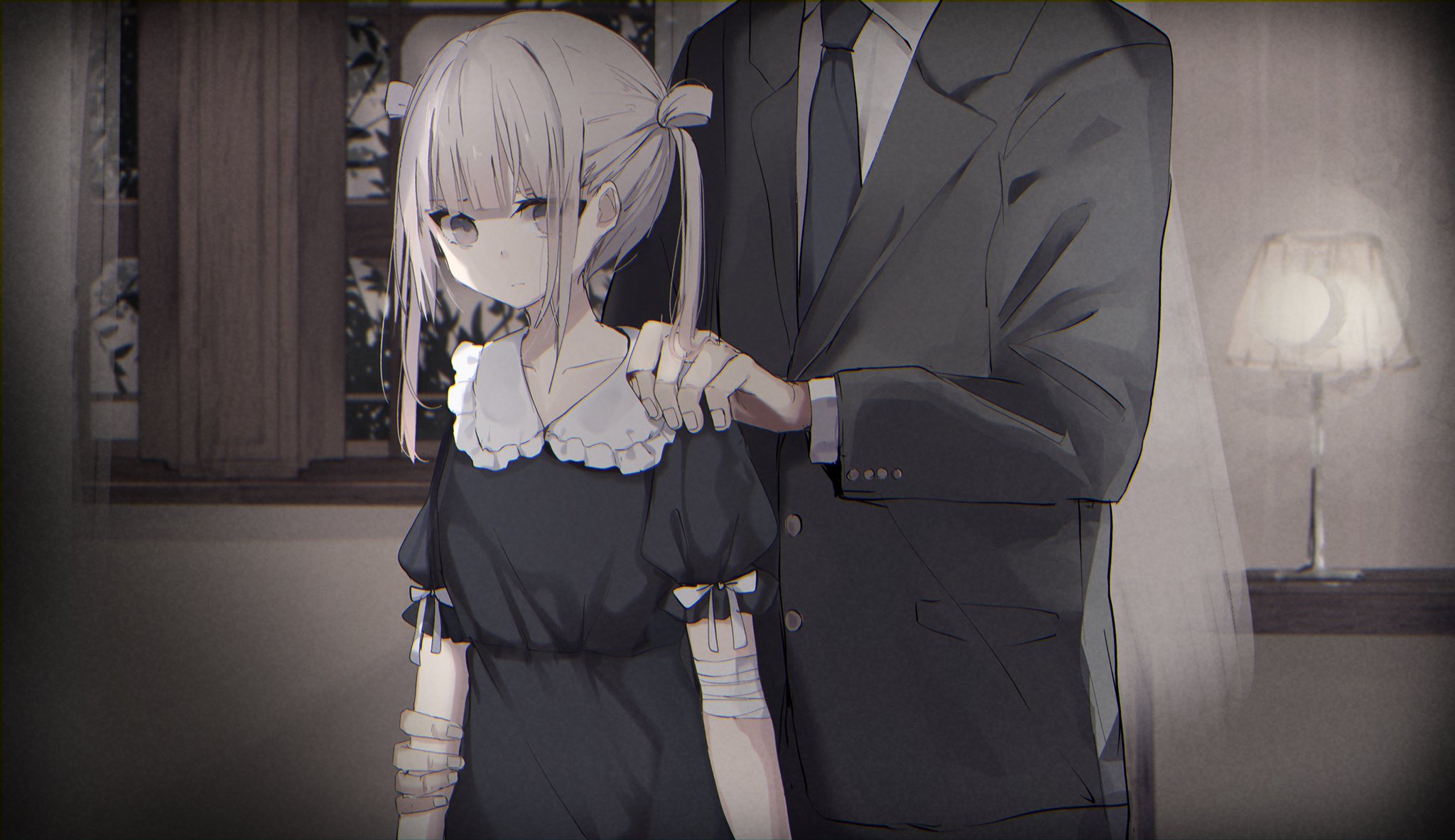 Safebooru - 1boy 1girl arm grab bandaged arm bandages bangs black dress black jacket black ...