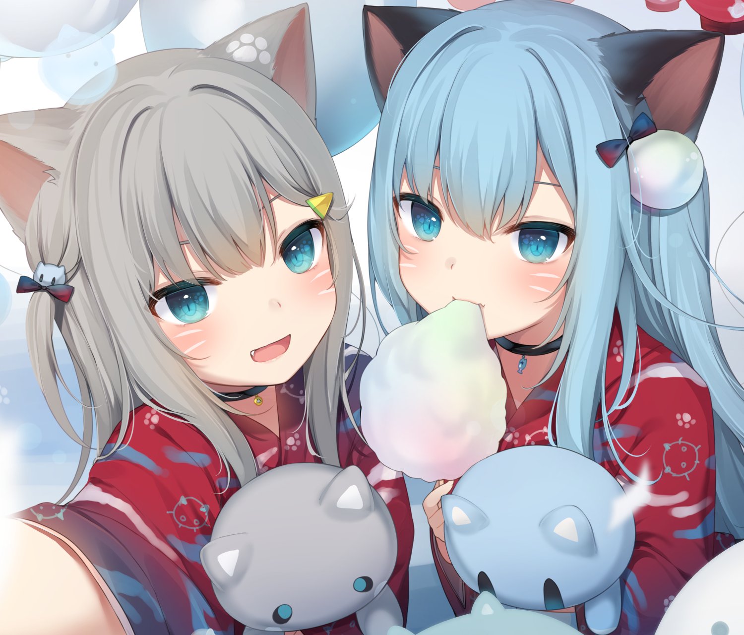 Safebooru - 2girls :d amashiro natsuki animal ear fluff animal ears bangs black choker blue eyes ...
