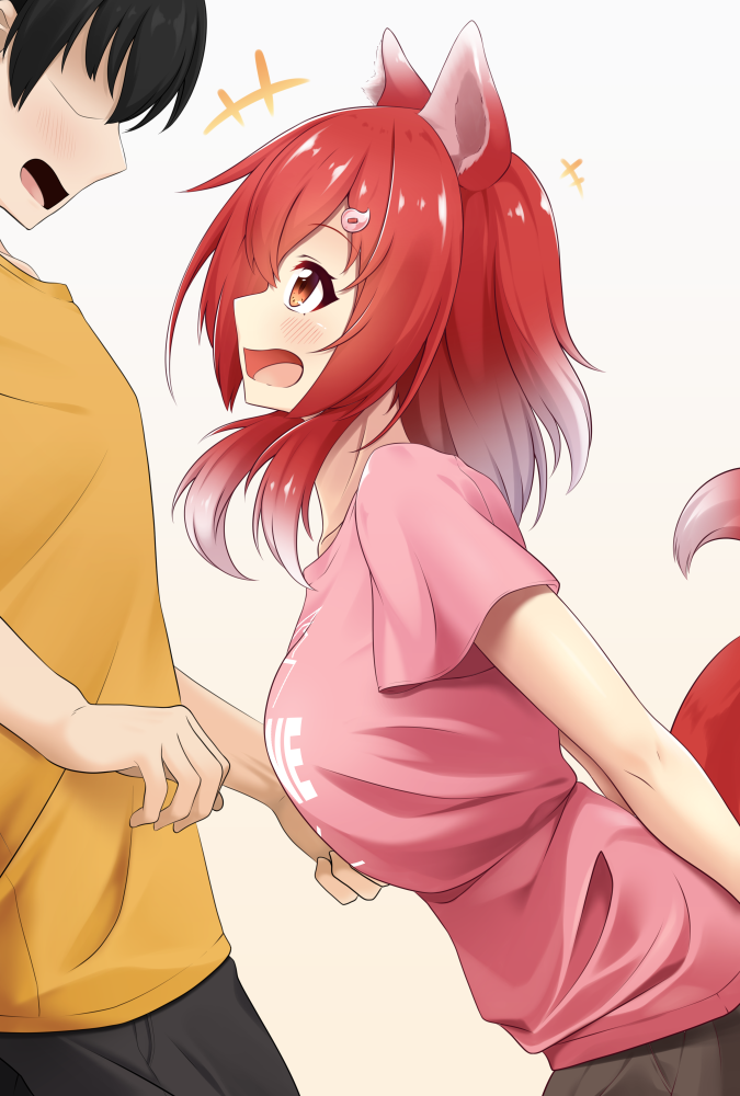 Safebooru - +++ 1boy 1girl animal ears bangs black hair black pants blush breasts brown ...