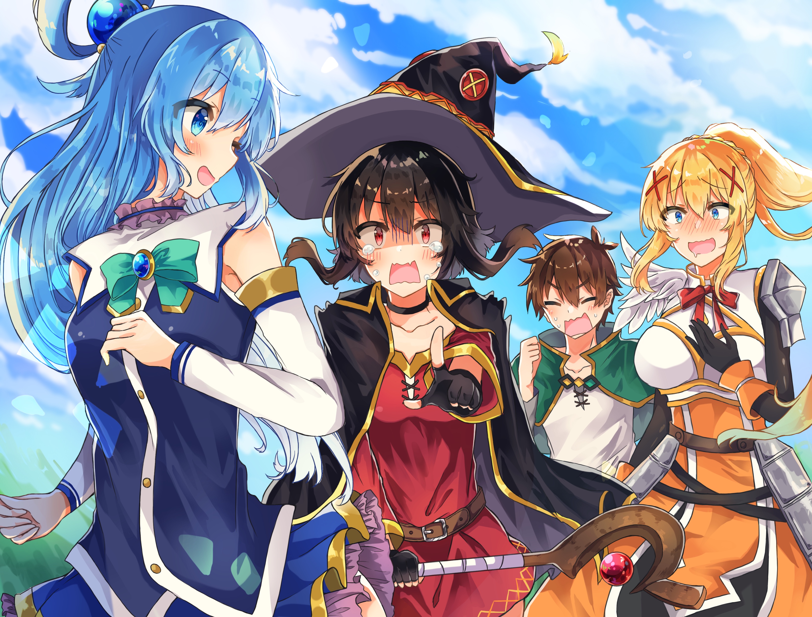 Safebooru - 1boy 3girls absurdres aqua (konosuba) black hair blonde hair blue eyes blue hair ...