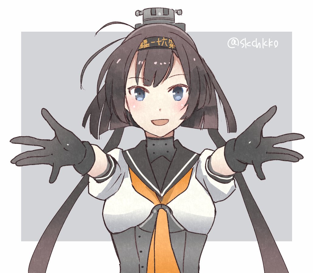 Safebooru - 1girl ahoge akizuki (kantai collection) black gloves black hair black sailor collar ...
