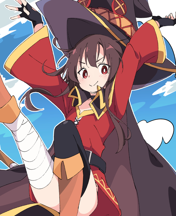 Safebooru - 1girl arms up bandaged leg bandages belt black belt black cape black gloves black ...