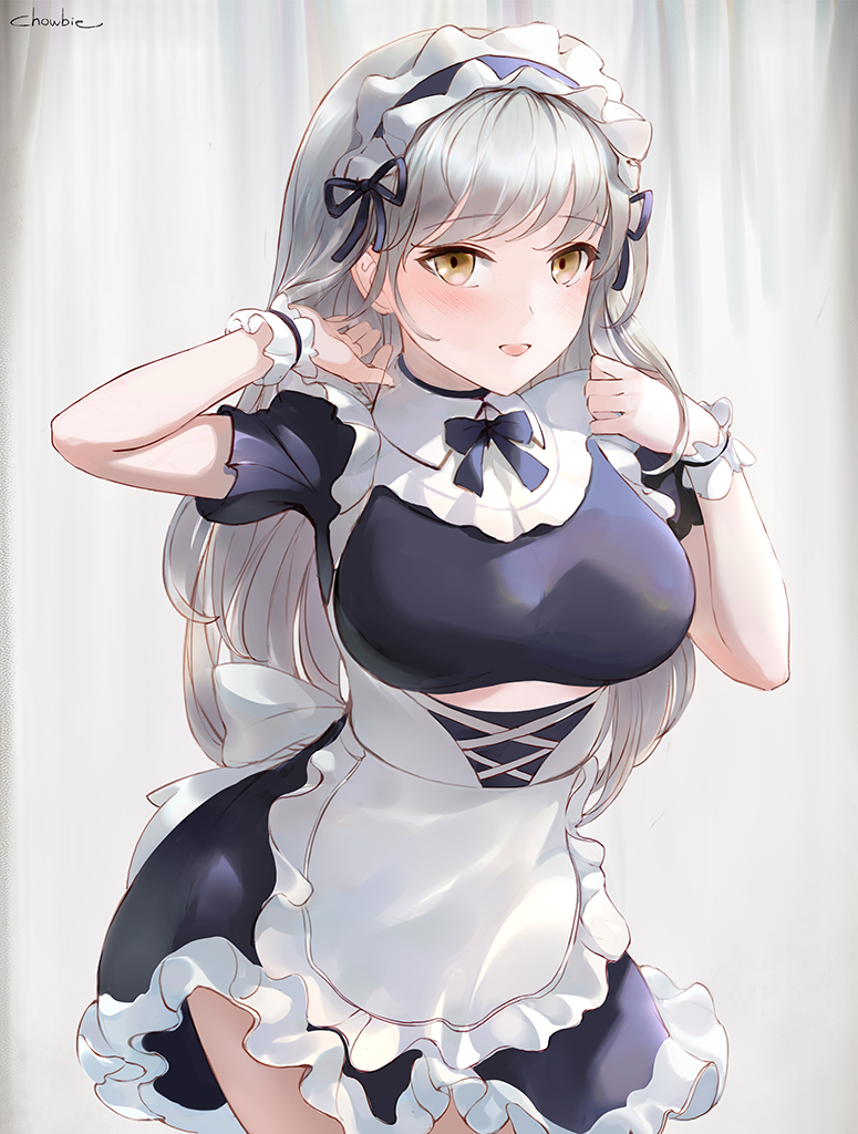 Safebooru - 1girl apron bangs black dress blush breasts brown eyes chowbie dress large breasts ...