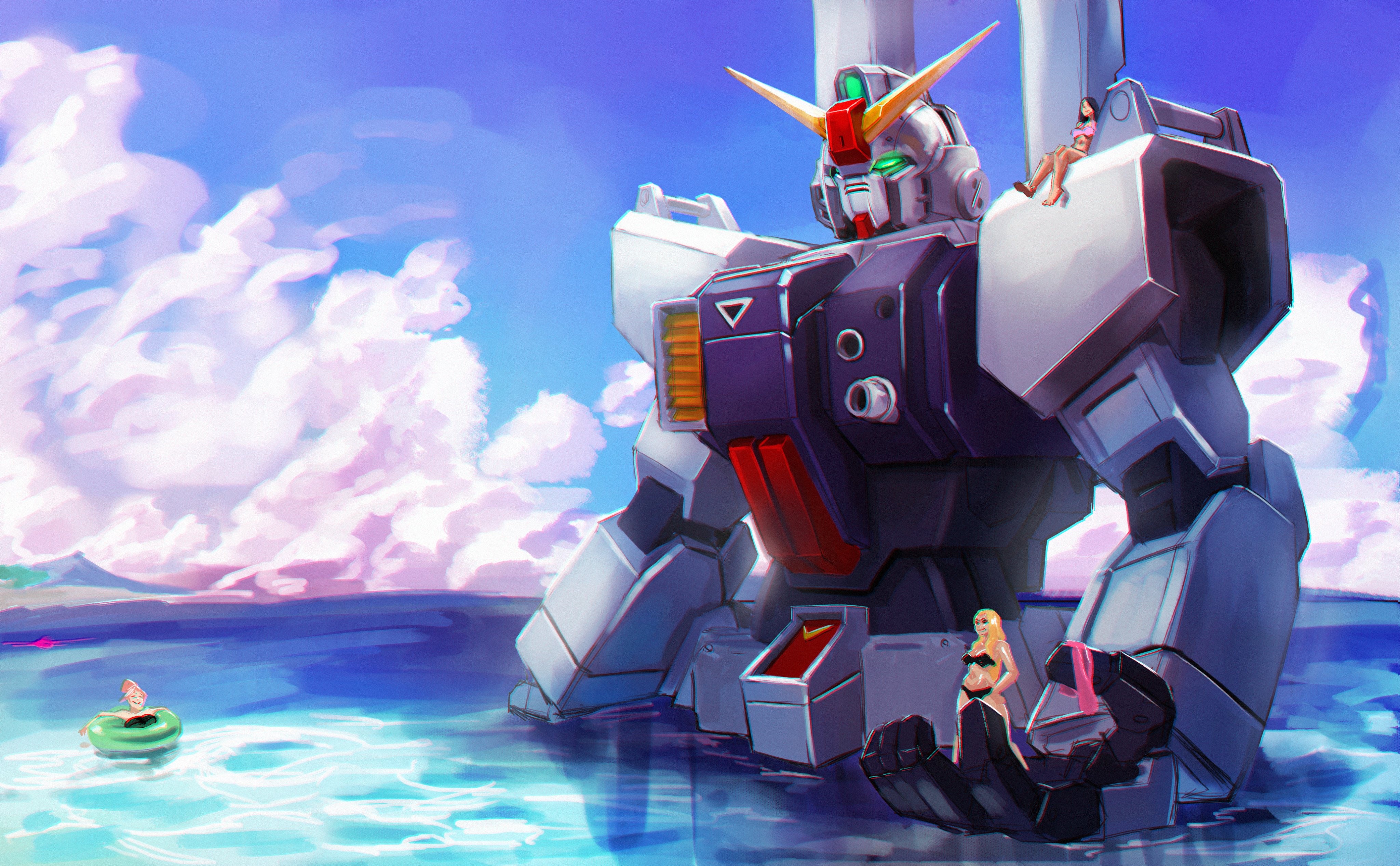 Safebooru - 3girls absurdres beach bikini blonde hair clouds ...