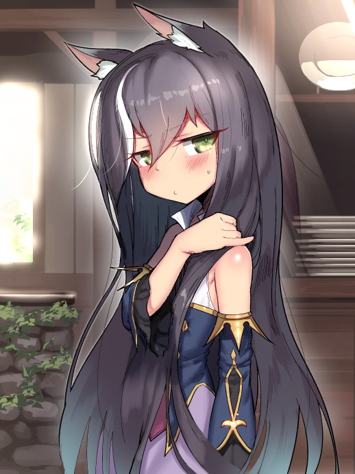 Safebooru - 1girl animal ear fluff animal ears bangs bare shoulders black hair blue sleeves ...