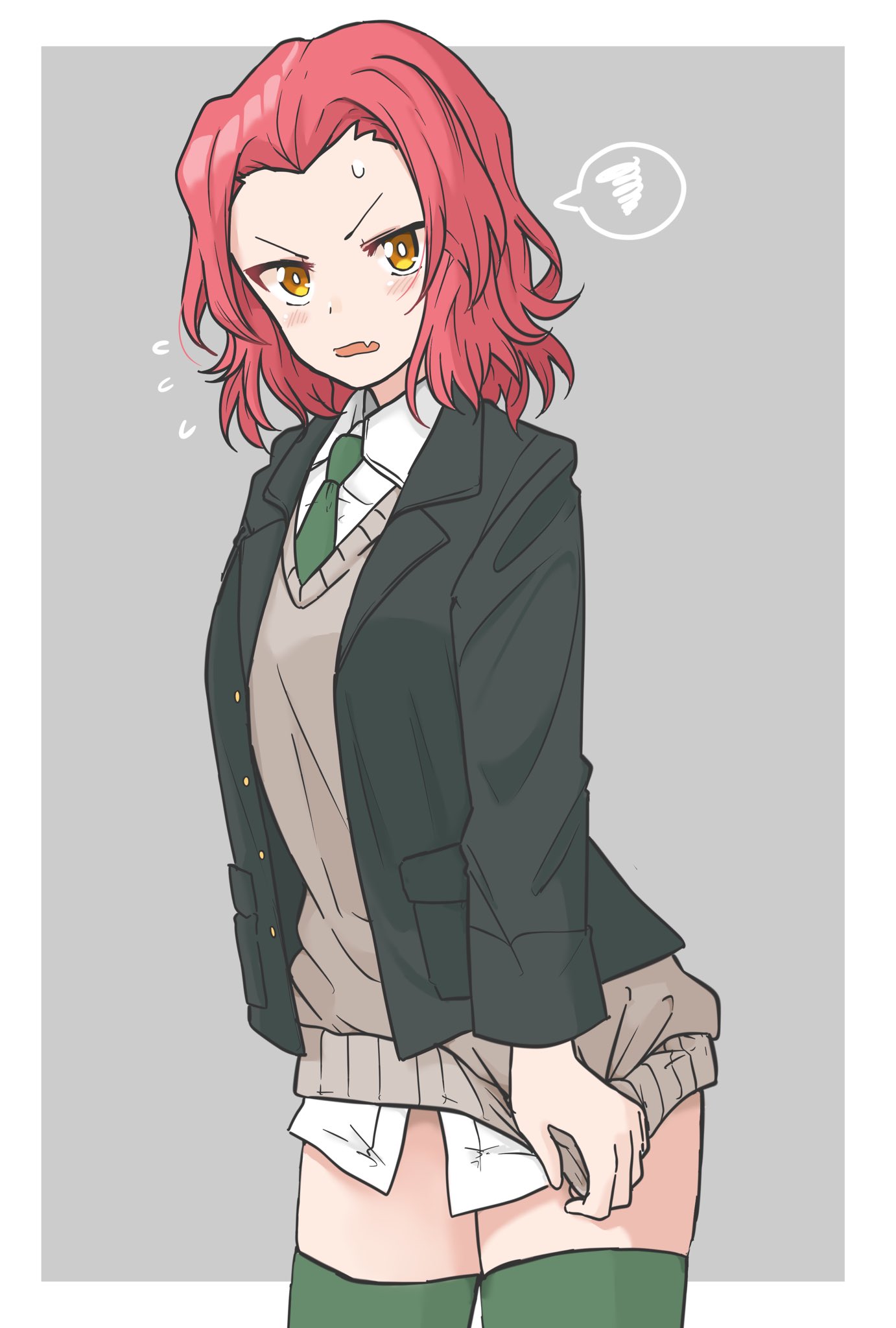 Safebooru - 1girl black jacket blazer blush brown sweater clothes tug ...