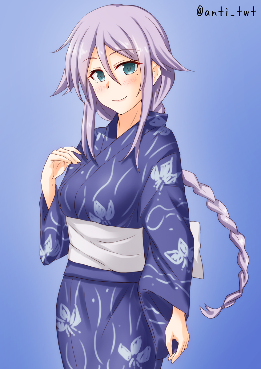 Safebooru - 1girl alternate costume anti (untea9) bangs blue background blue eyes blue kimono ...