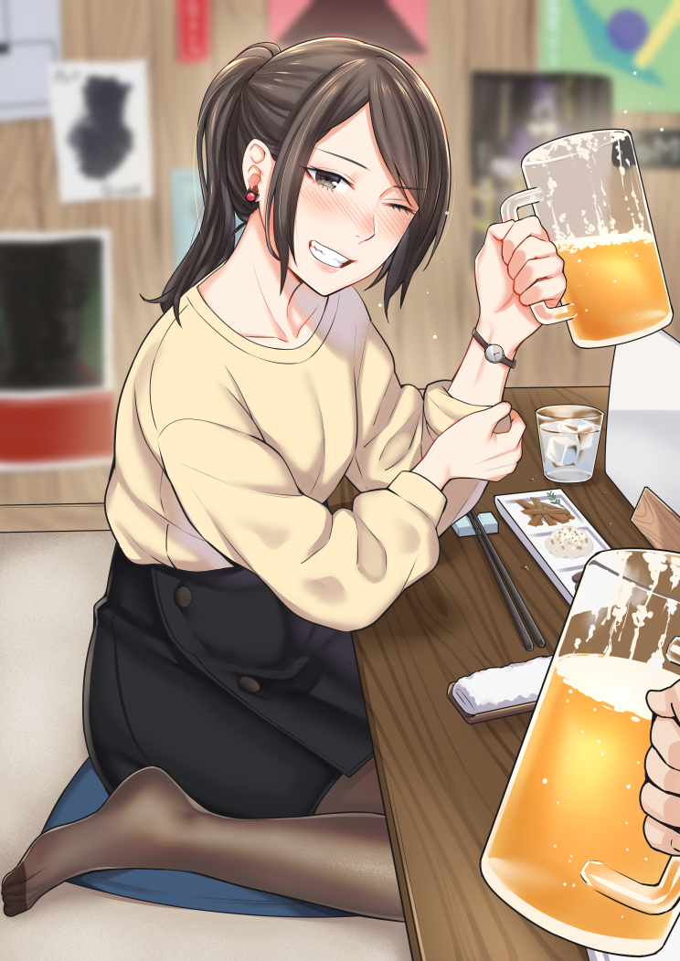 Safebooru - 1girl alcohol beer beer mug black eyes black hair black legwear chopsticks ...