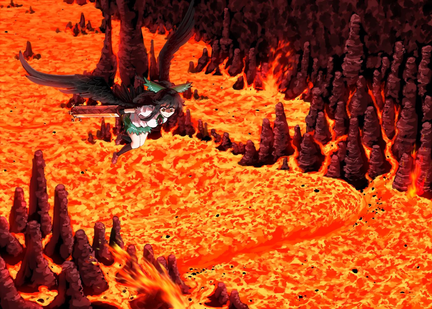 Safebooru - 1girl arm cannon bangs bird tail bird wings black hair black legwear black wings bow ...