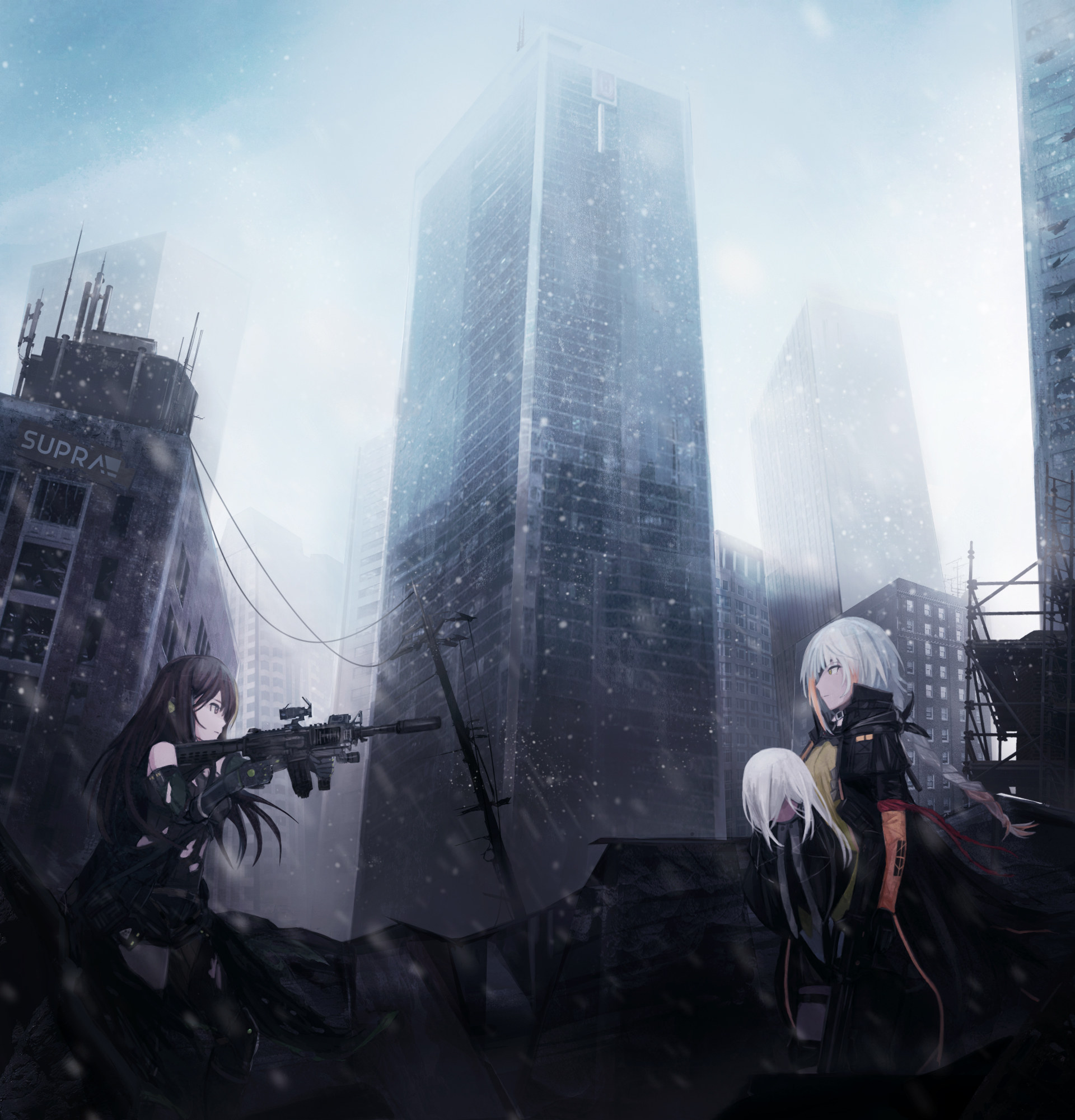 Safebooru - 3girls armband artist name assault rifle braid brown hair ...