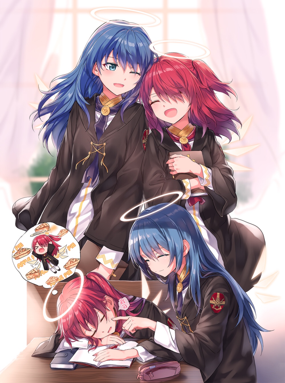 Safebooru - 2girls ;d alternate costume apple pie arknights black jacket blue eyes blue hair ...