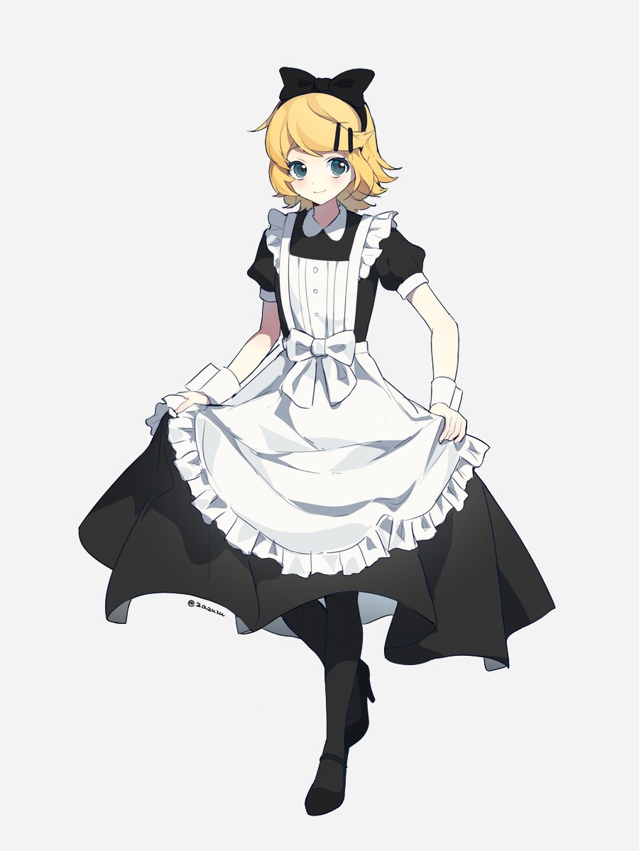 Safebooru - 1girl apron bangs black bow black dress black legwear blonde hair blue eyes bow ...