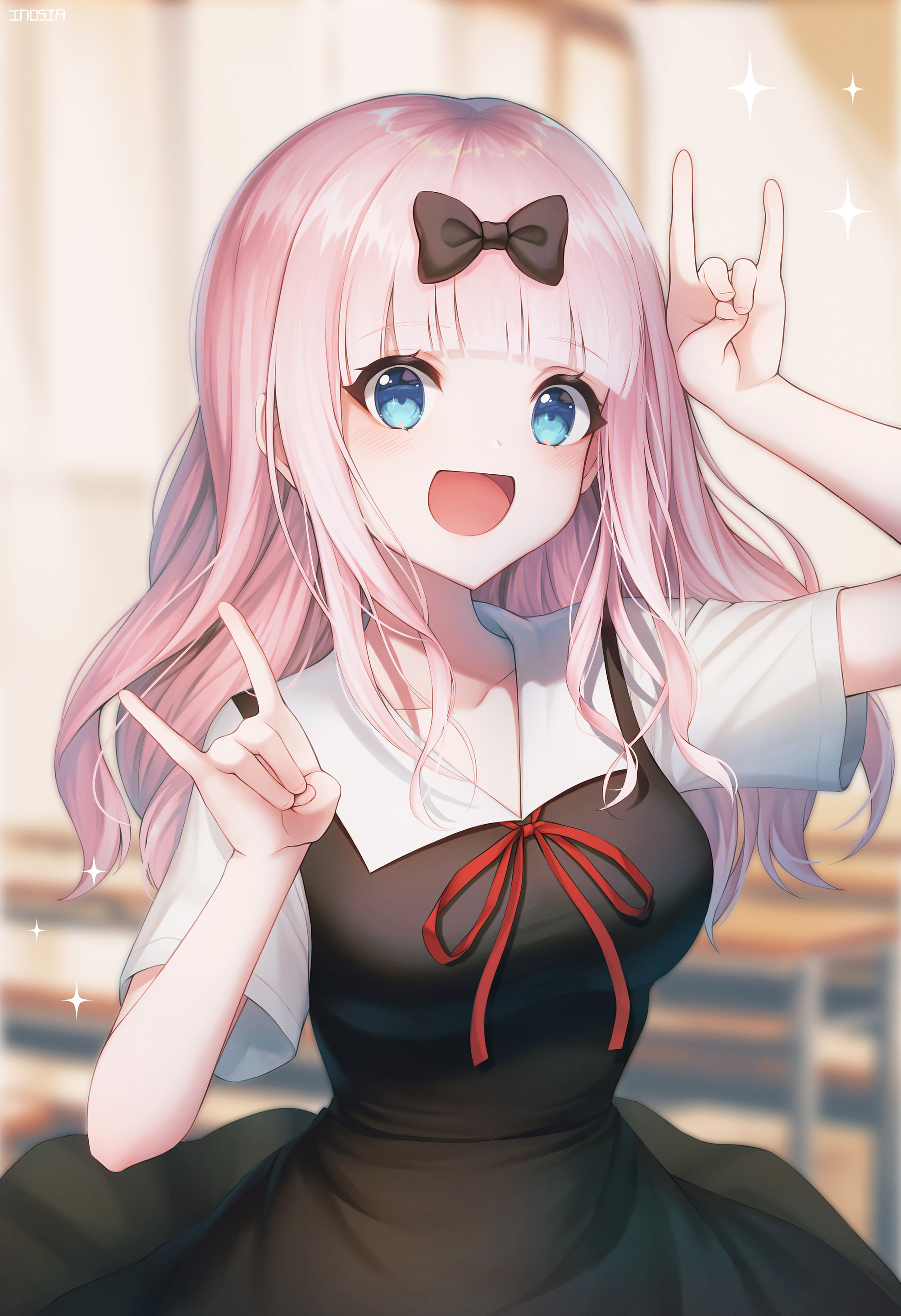 Safebooru - 1girl :d absurdres arm up bangs black bow black dress blue eyes blunt bangs blush ...