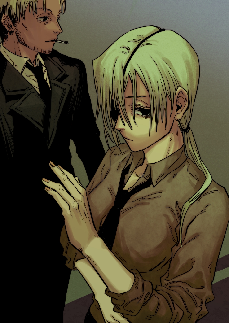 Safebooru - 1762806554 1boy 1girl black eyepatch black eyes black jacket black neckwear breasts ...