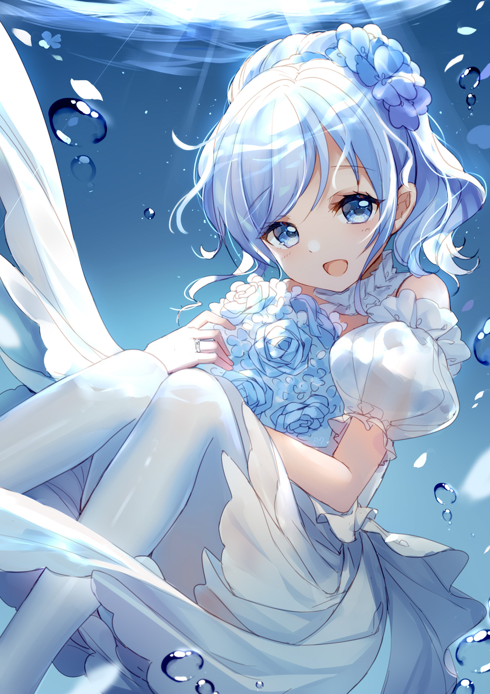 Safebooru - 1girl :d air bubble bare shoulders bison cangshu blue eyes blue flower blue hair ...