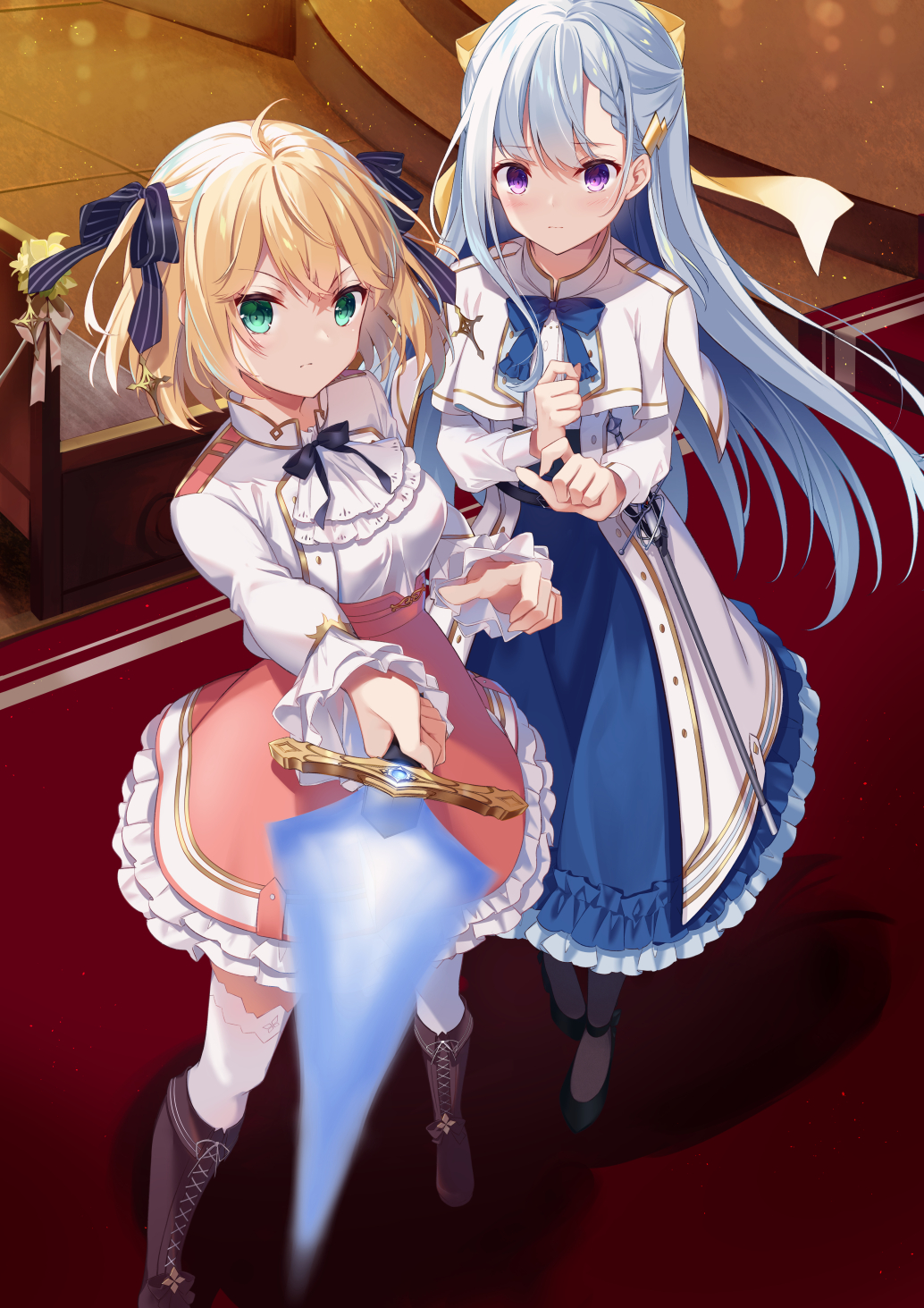 Safebooru - >:( 2girls black bow black footwear blonde hair blue dress blue eyes blush boots bow ...