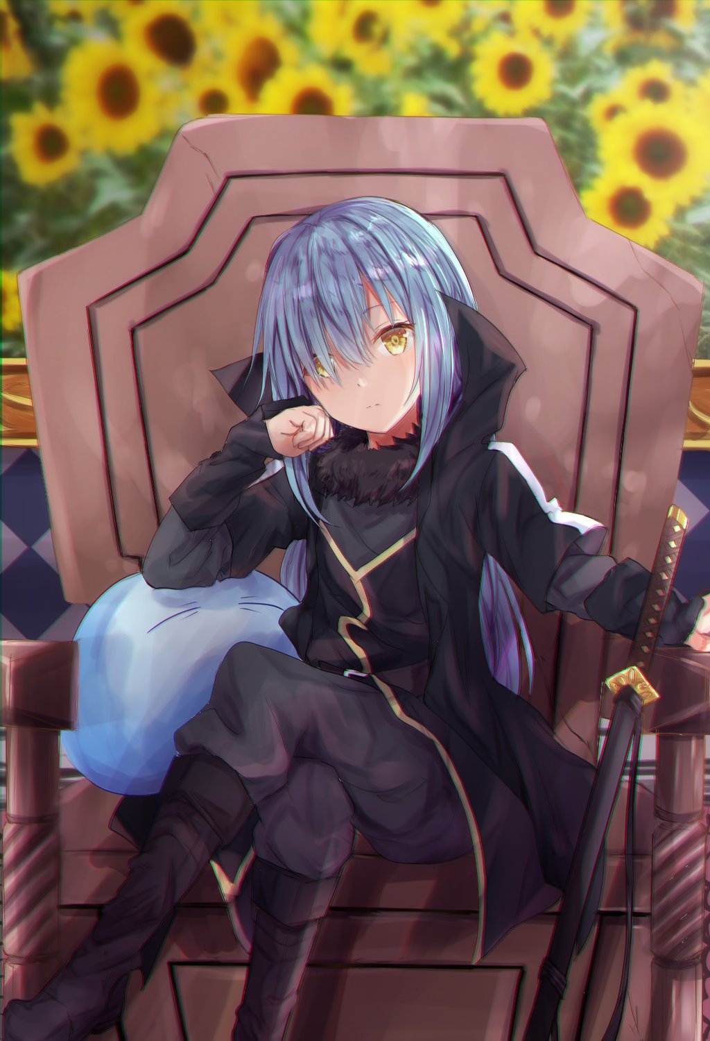 Safebooru - 1girl aisu (icicleshot) androgynous bangs black coat black footwear black pants blue ...