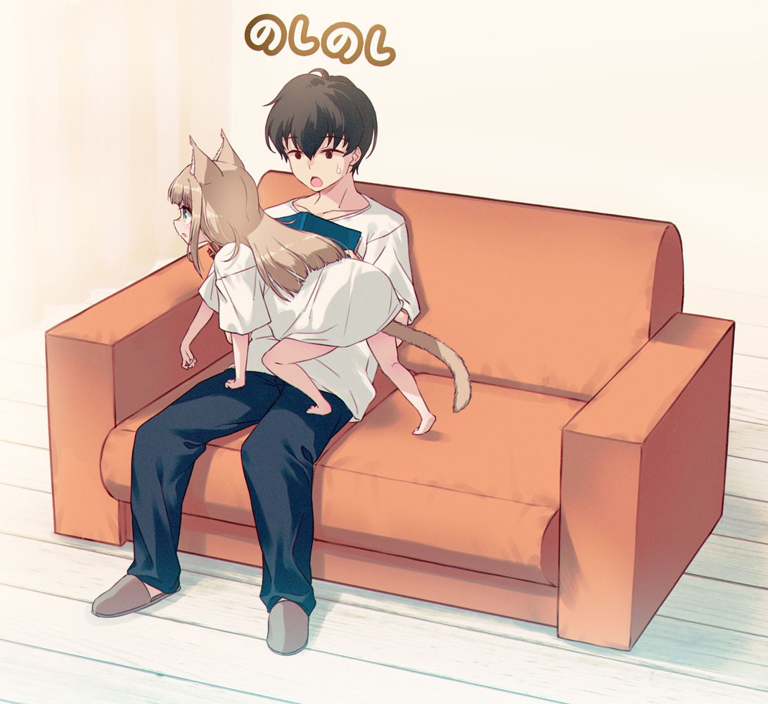 Safebooru - 1boy 1girl 40hara :o all fours animal ear fluff animal ears bangs black hair blonde ...