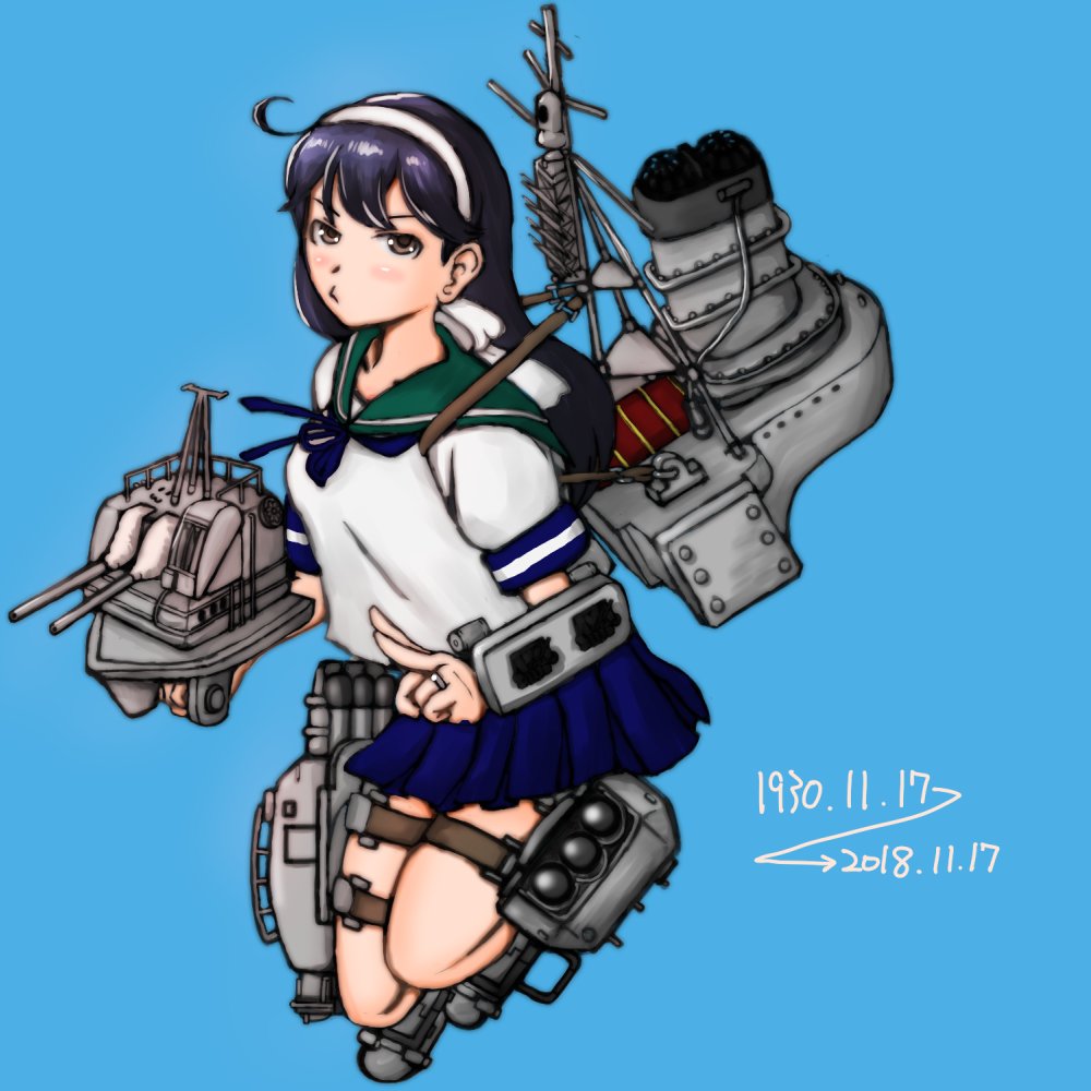 Safebooru - 1girl adapted turret ahoge black hair blue background blue skirt brown eyes cannon ...