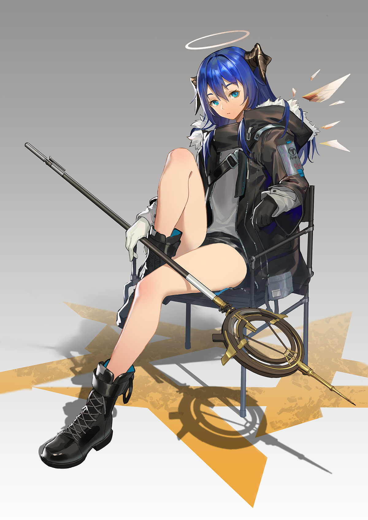 Safebooru - 1girl arknights bangs bare legs black footwear black gloves black jacket blue eyes ...