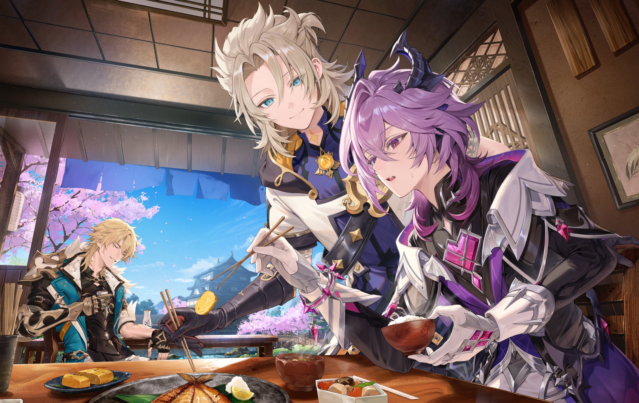 Safebooru - 3boys albedo (genshin impact) aqua eyes aqua jacket arm ...