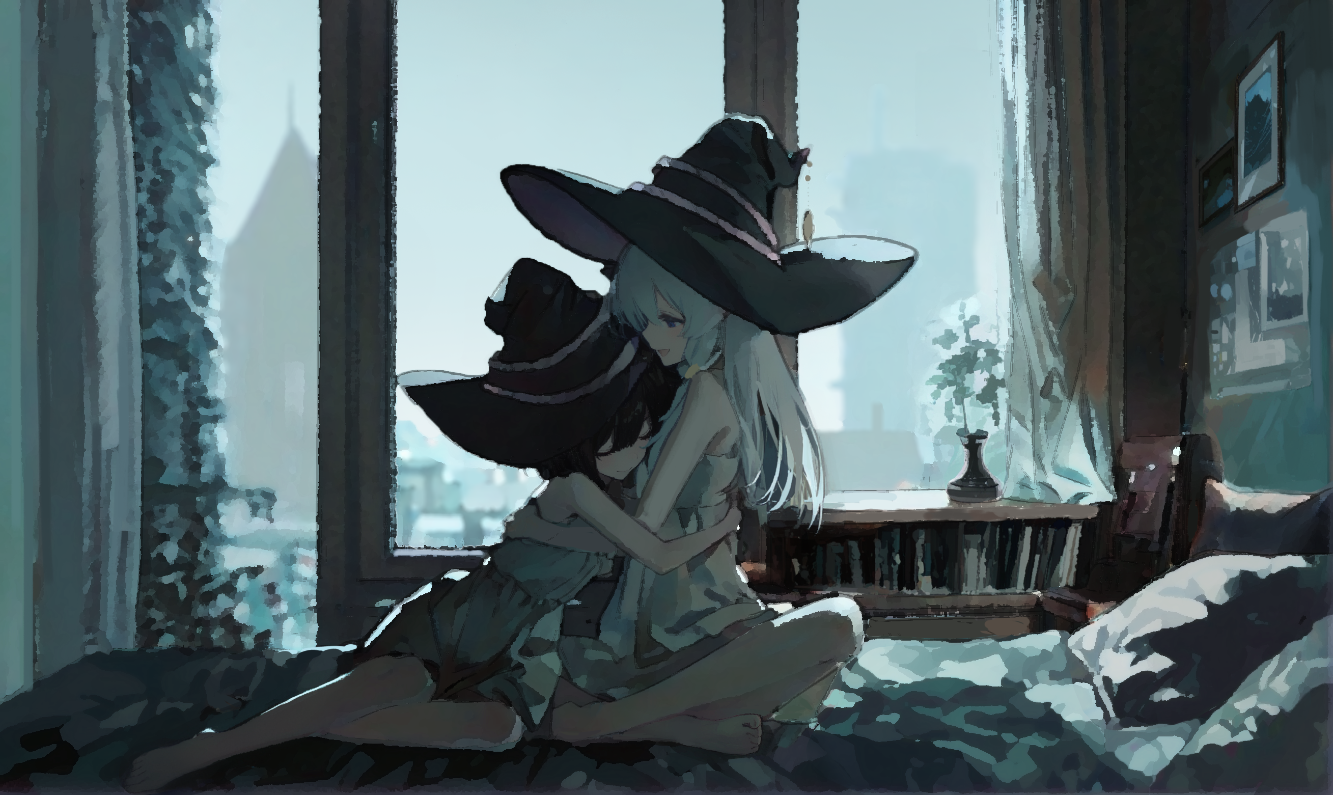 Safebooru - 2girls bare legs barefoot bed bedroom black hair blue eyes ...