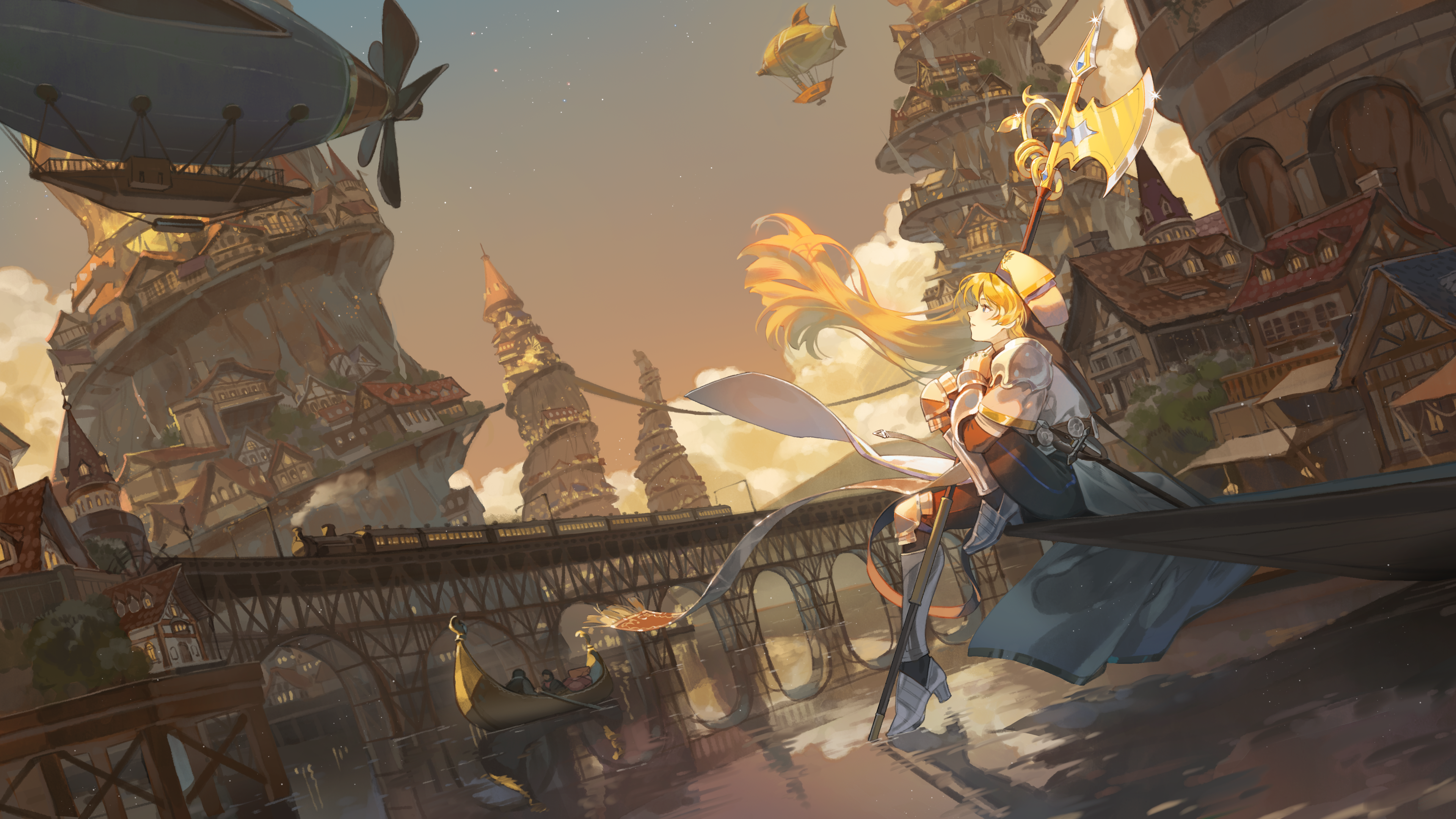 Safebooru - 1girl 2boys absurdres aircraft black pants blonde hair blue ...