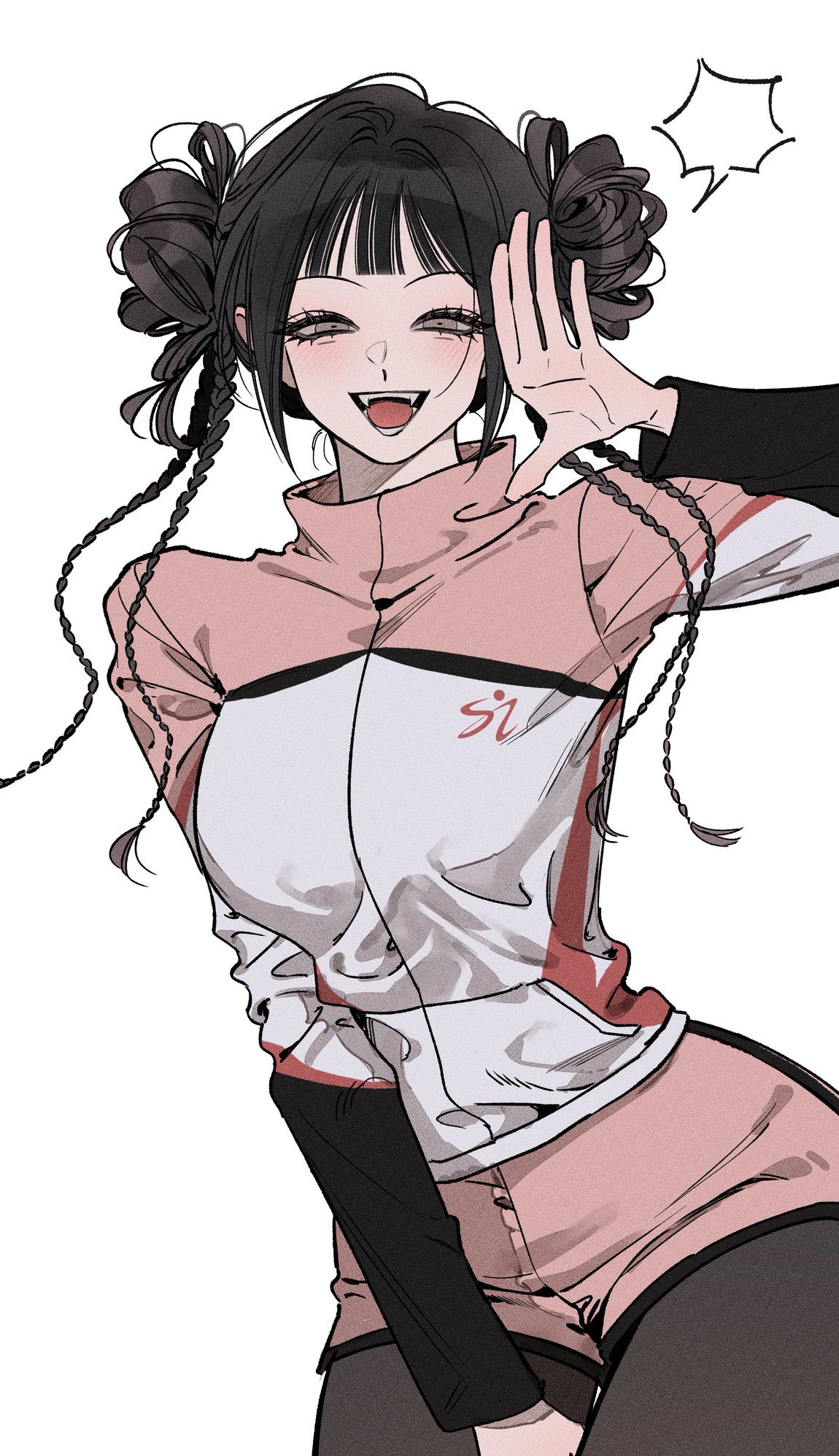 Safebooru - 1girl between legs black hair blush braid commentary request cowboy shot double bun ...
