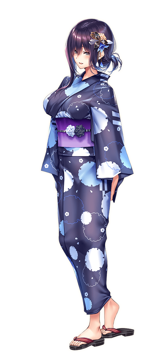 Safebooru - 1girl amakano 2 black sandals blue kimono blush breasts ...