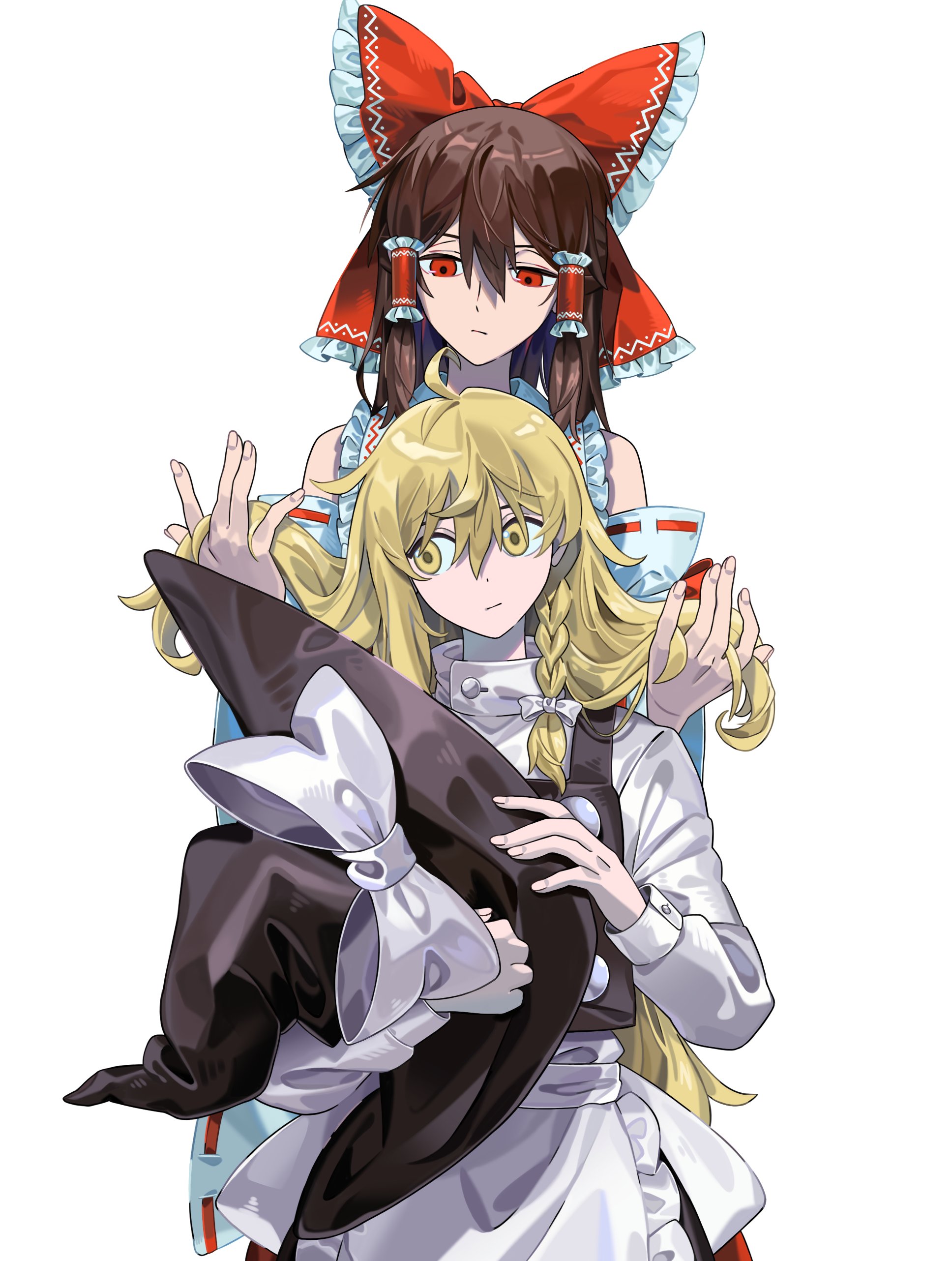 Safebooru - 2girls absurdres ahoge apron black hat black vest blonde ...