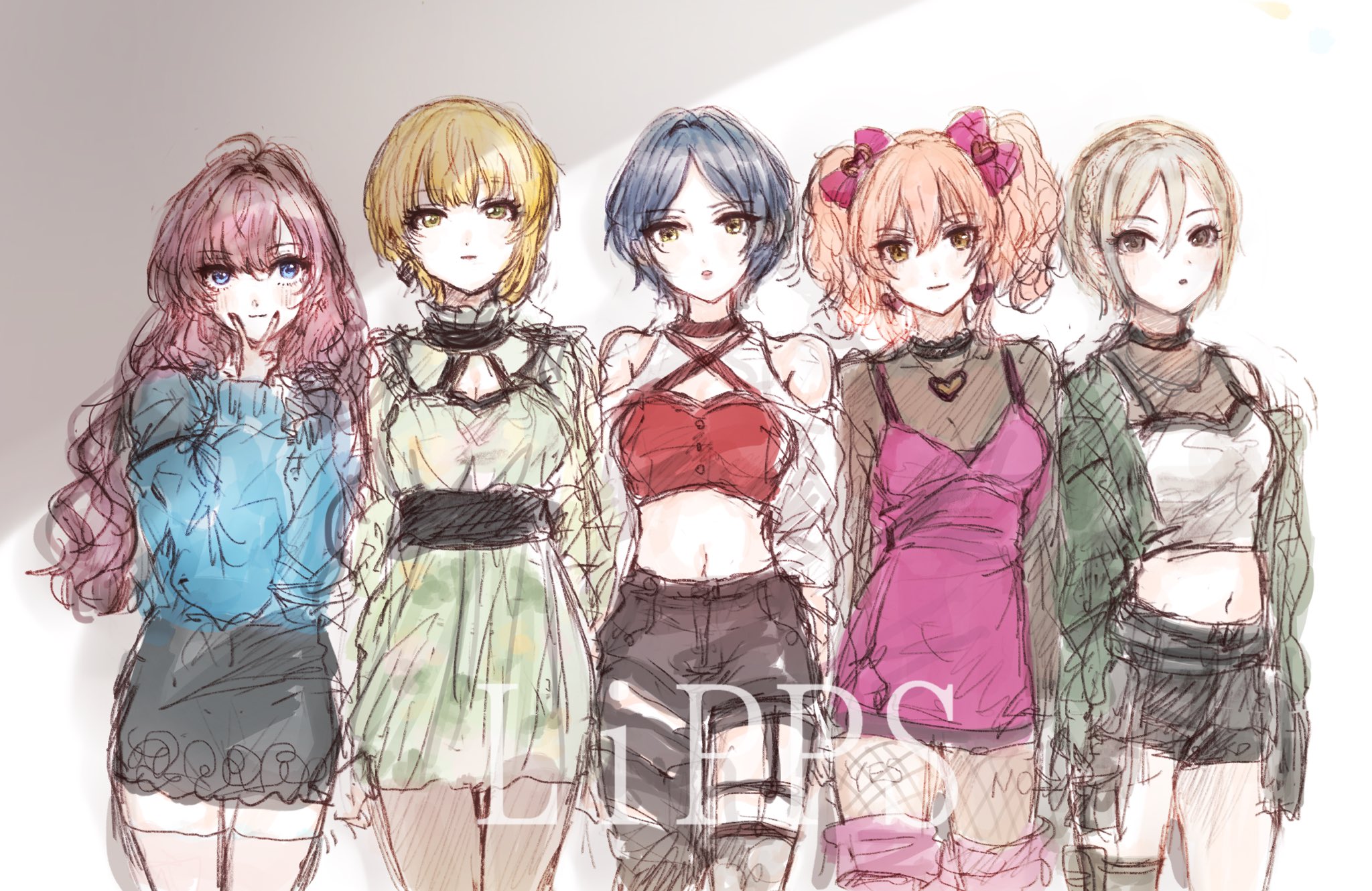 Safebooru - 5girls :3 bangs black nails black pants black shorts blonde hair blue eyes blue hair ...