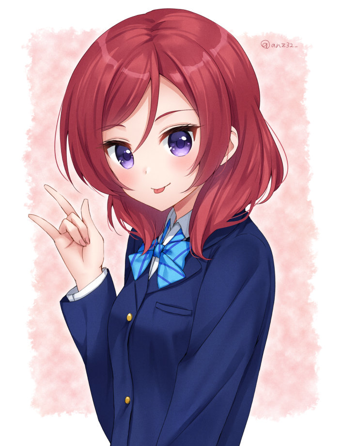 Safebooru - 1girl :p \n/ anz32 bangs blazer blue bow blue jacket blush bow breasts closed mouth ...