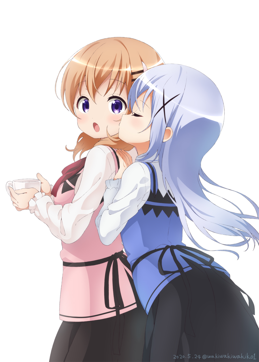 Safebooru - 2girls :o artist name bangs black skirt blue hair blue vest blush cheek kiss ...