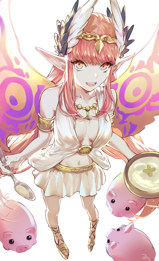 Safebooru - 1girl aqua eyes armlet bangs bare shoulders belt bowl breasts brown wings circe ...