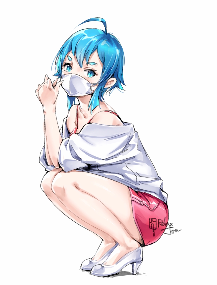 Safebooru - 1girl ahoge bangs bare legs bare shoulders blue eyes blue hair covered mouth dress ...