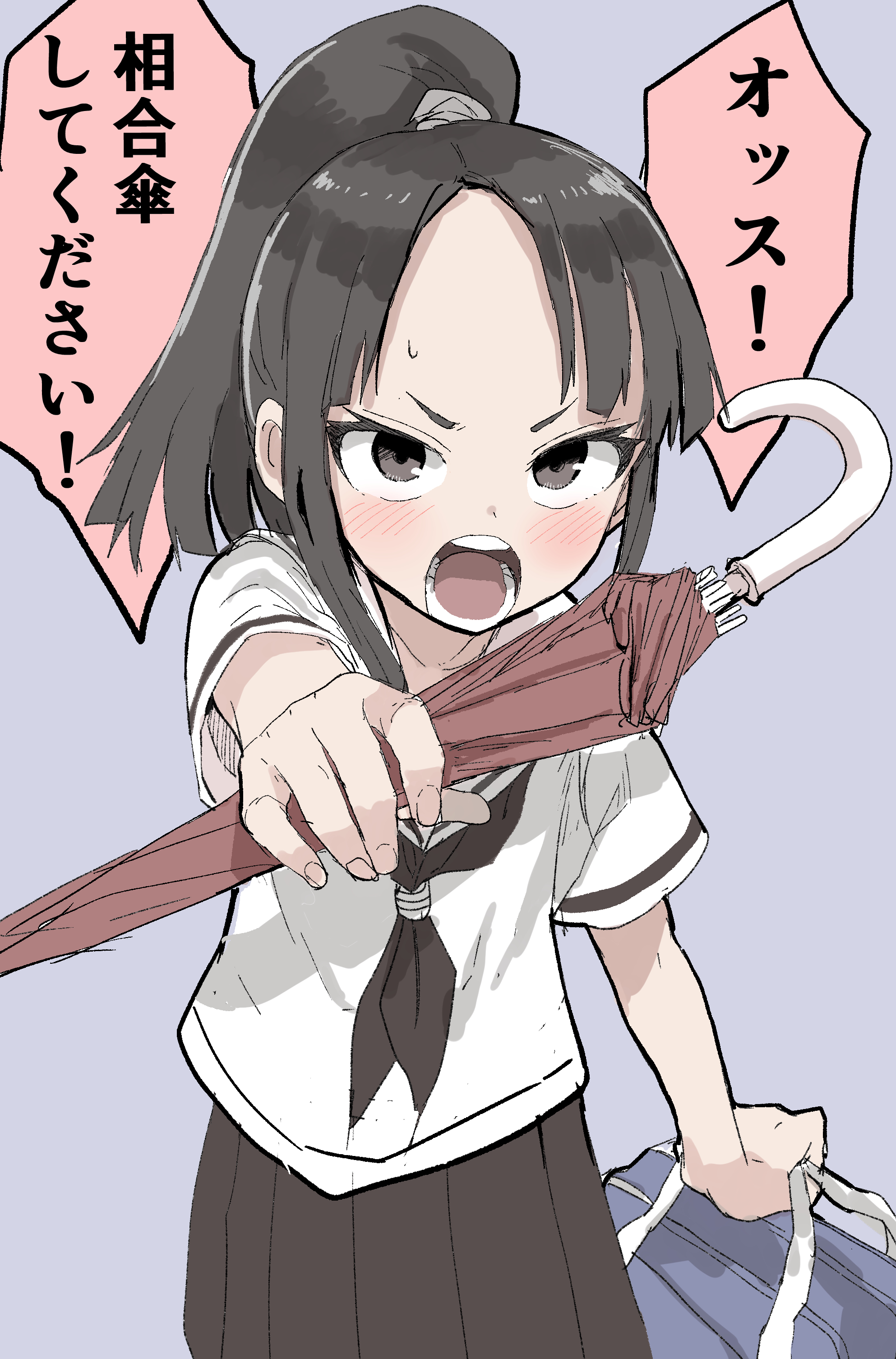 Safebooru - 1girl absurdres bag bangs black hair black neckwear black skirt blue background ...