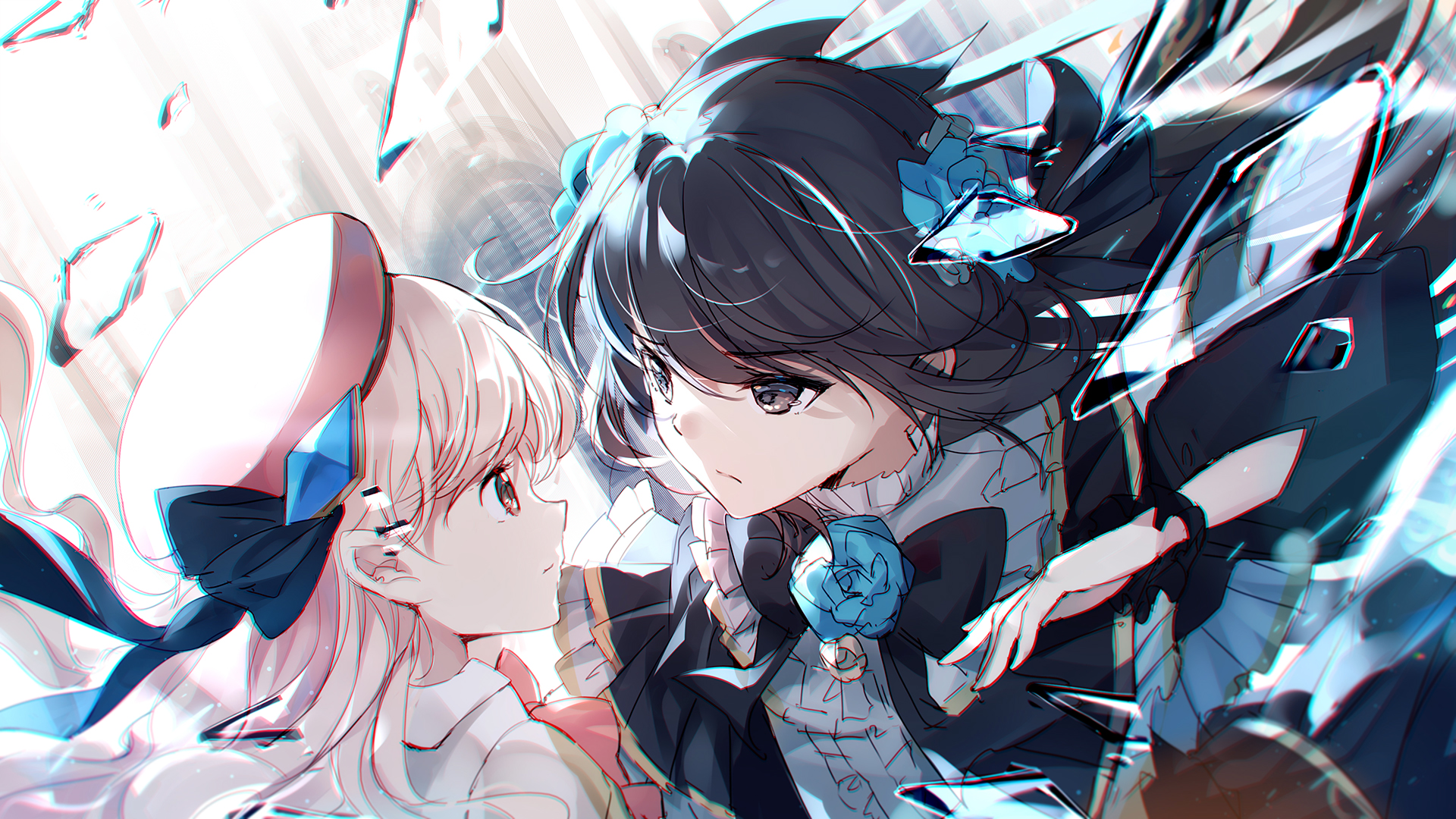 Safebooru - 2girls arcaea bangs bison cangshu black bow black dress black eyes black hair blue ...