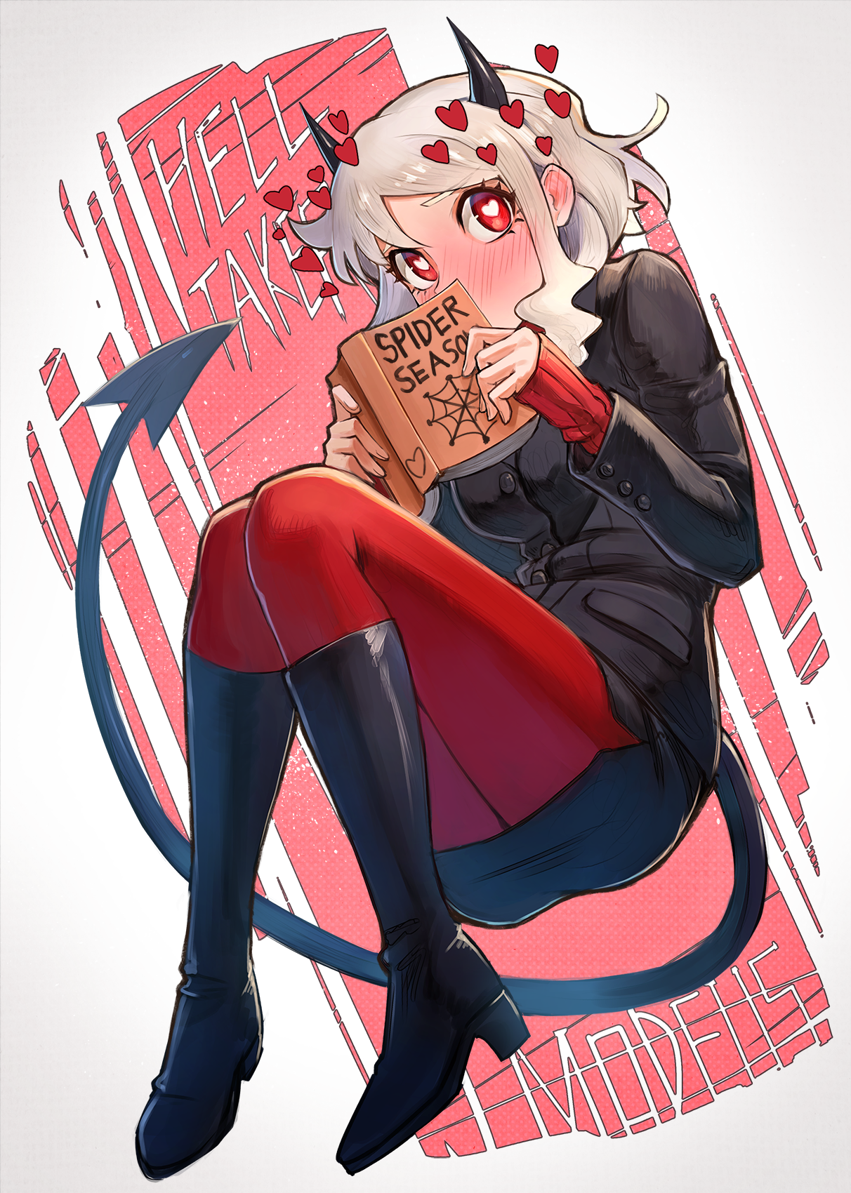 Safebooru - 1girl background text black coat black footwear blush book boots breasts bright ...
