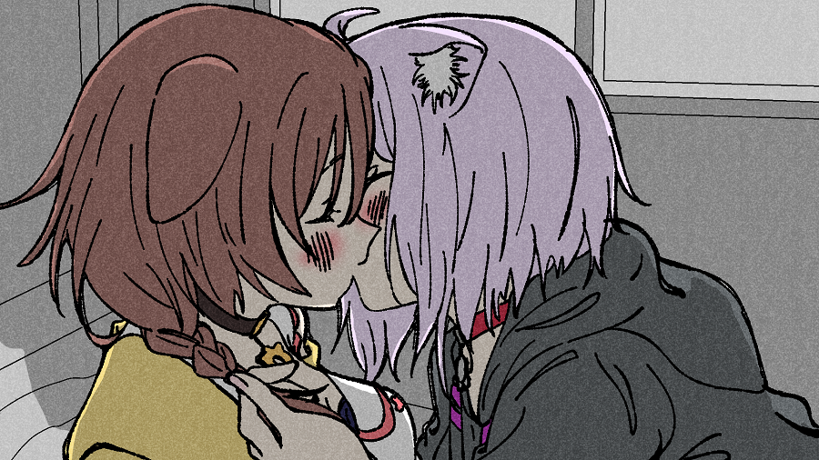 Safebooru - 2girls animal ears blush brown hair cat ears choker closed eyes dog ears hololive ...