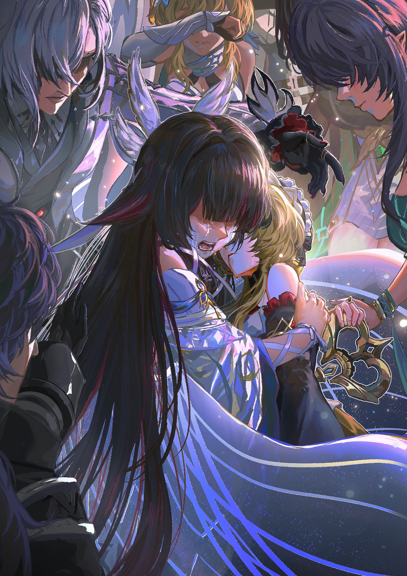 Safebooru - 3boys 6+girls arlecchino (genshin impact) arm ribbon black ...