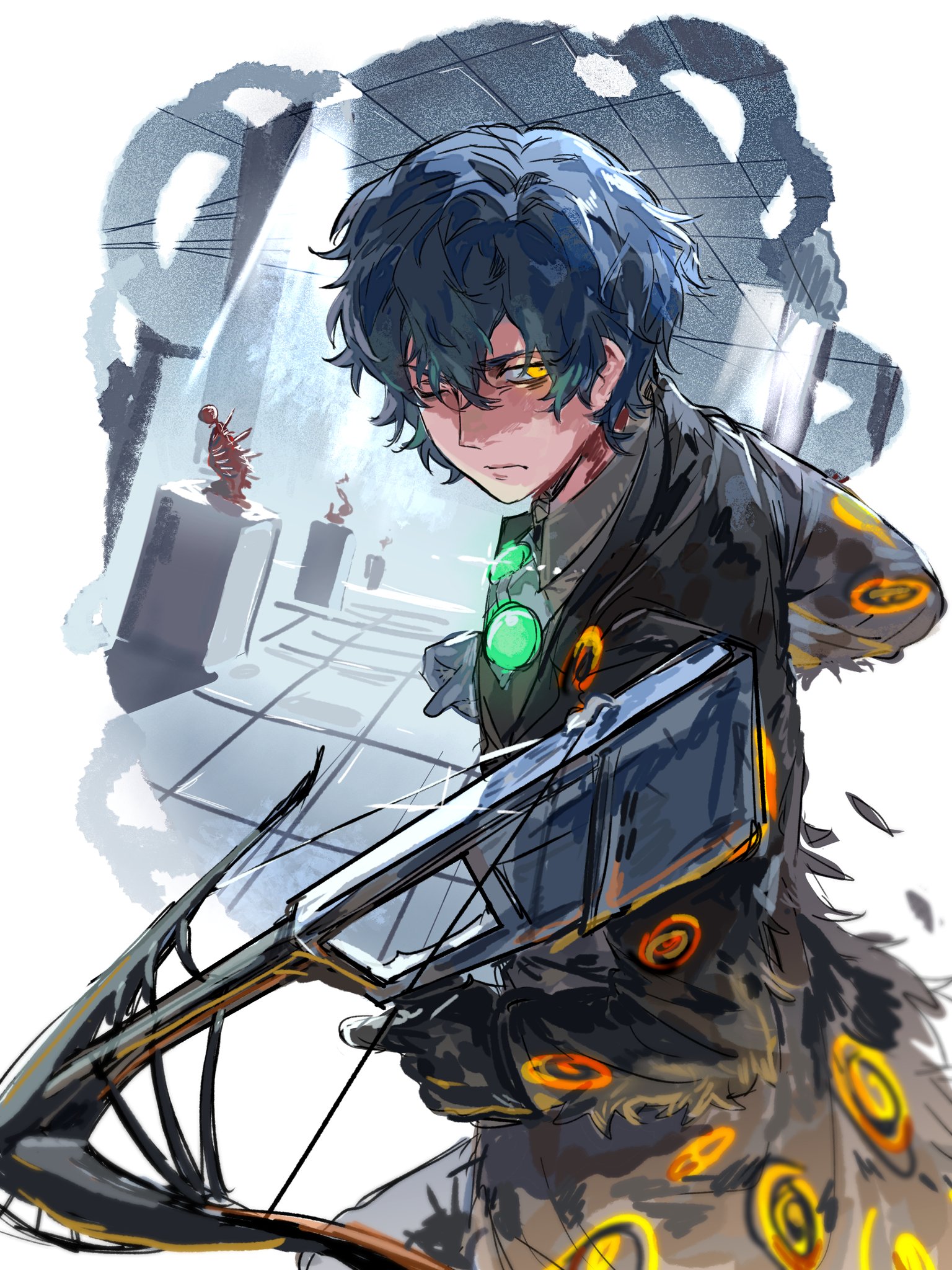 Safebooru - 1boy art gallery black coat black gloves black pants blue ...