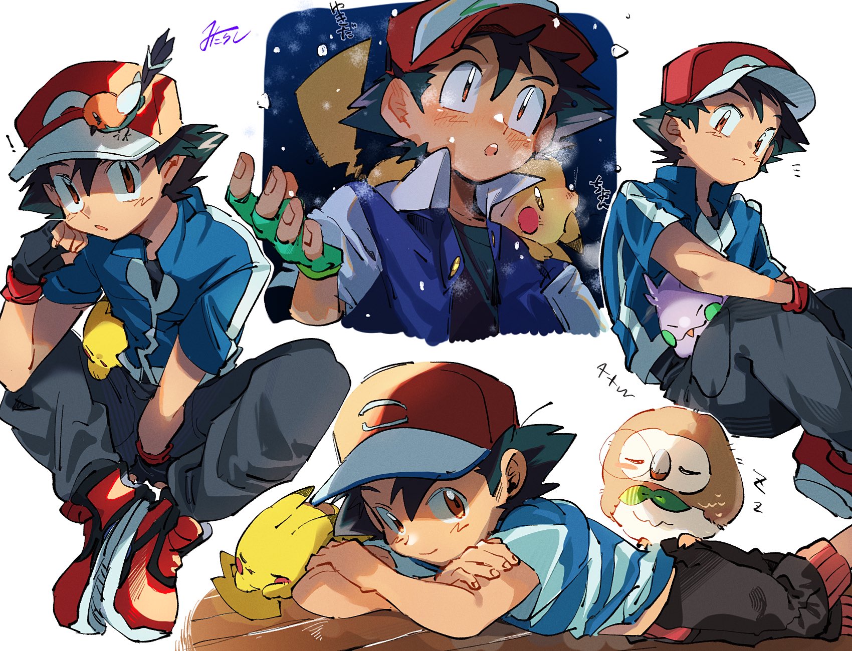Safebooru - 1boy ash ketchum baseball cap bird black hair blue jacket ...